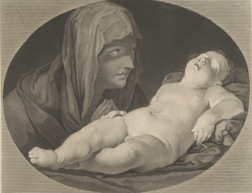 The Virgin in prayer, looking at the sleeping infant Christ, in an oval frame, after Reni