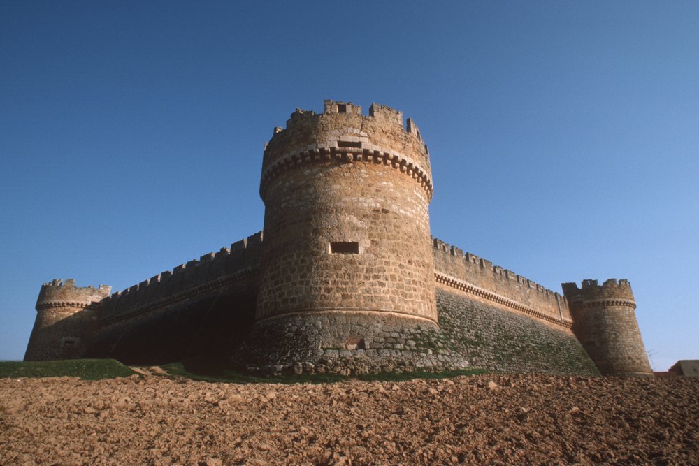 Three Corner towers and perimeter walls from below