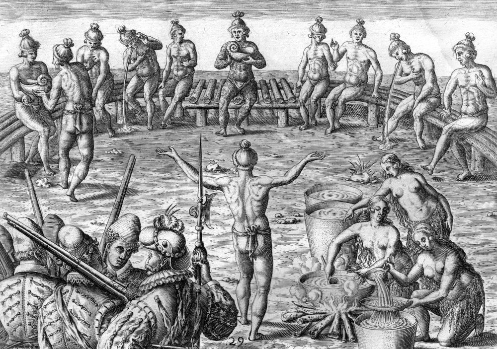 Timucua Indian with French Explorers by Theodor de Bry
