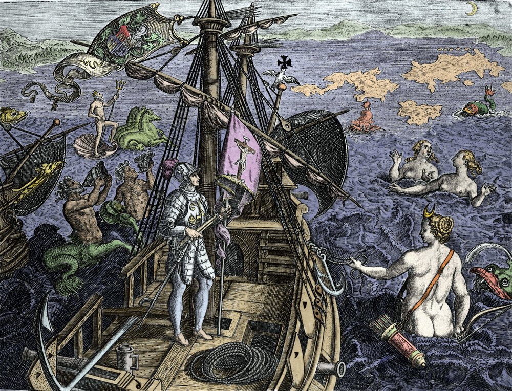 Allegory of the voyages of Christopher Columbus (1451-1506), engraving ...