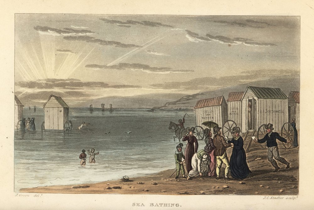 Sea Bathing: naked women swimming in the sea, and bathing engines being ...