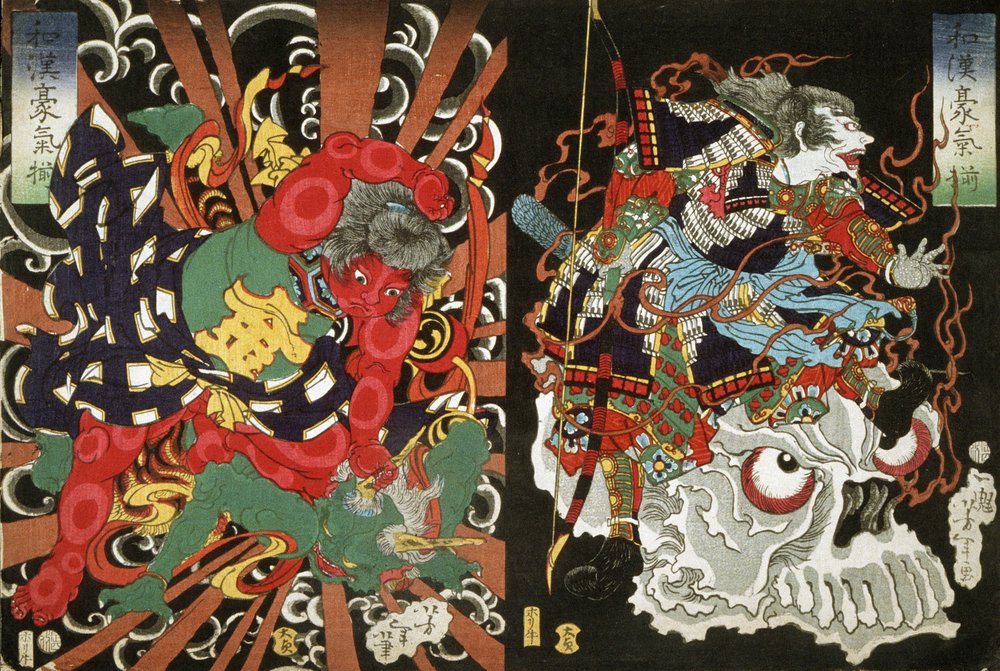 Kintoki Overpowering a Demon and Warrior on Skull, 1868