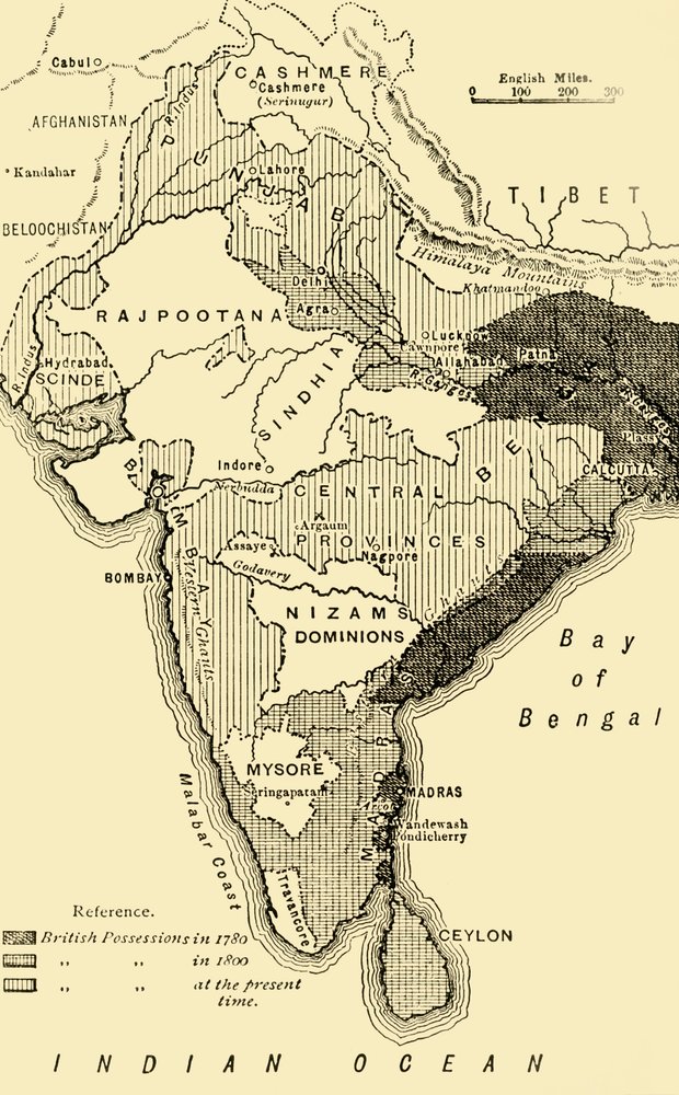 Map of India, Showing the British Possessions in 1780, 1800, and at the ...