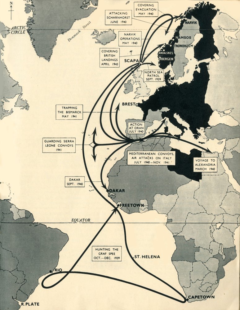 Map showing the movements of HMS Ark Royal, 1939-1941