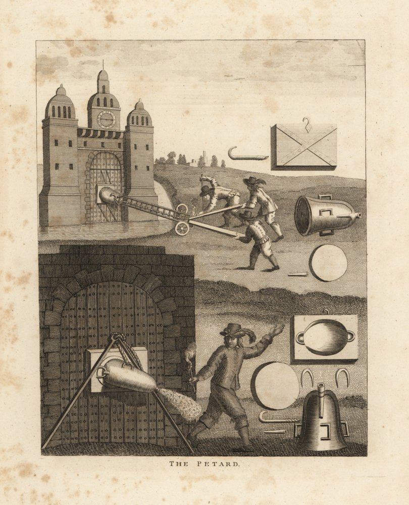 The petard, a medieval explosive device in the form of a metal cone ...