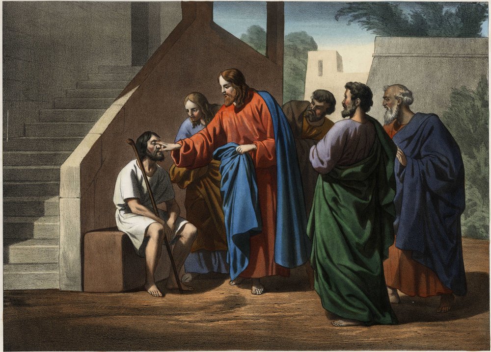 Jesus heals the man born blind (Anonymous engraving from the middle of ...