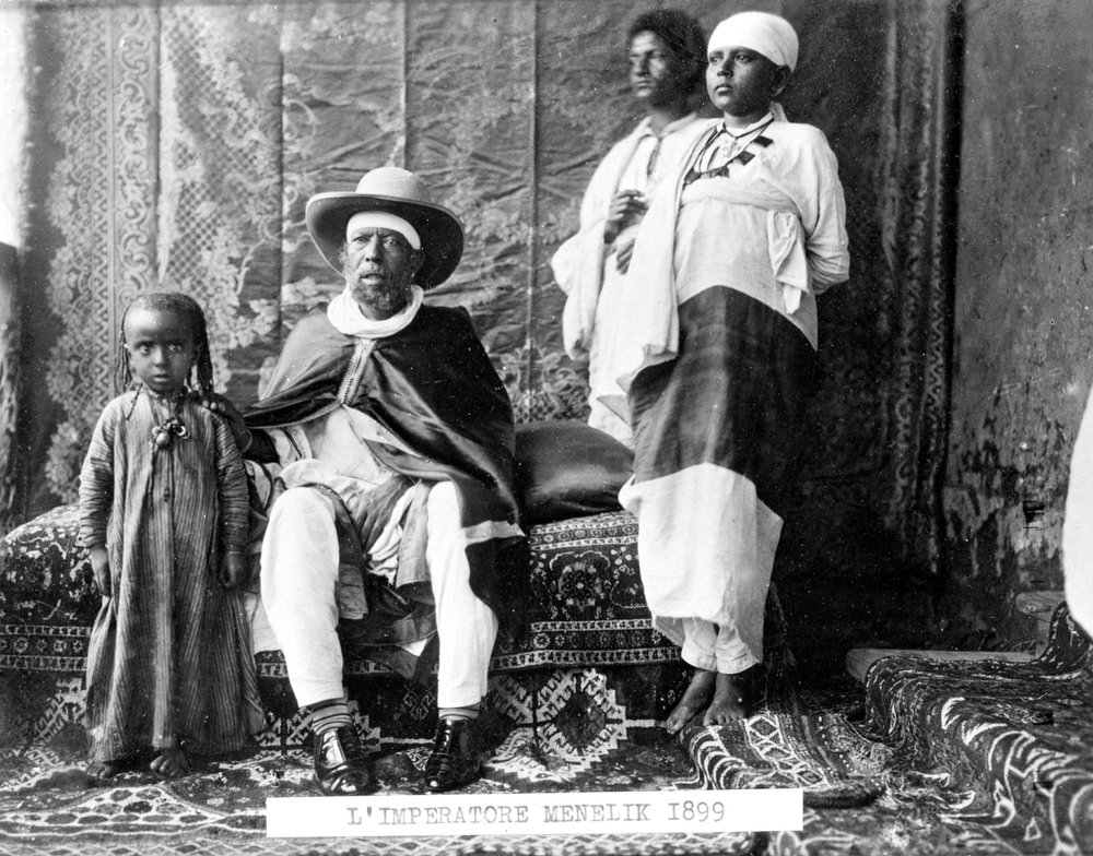 Portrait of Emperor Menelik II of Ethiopia (1844 - 1913) with his family.