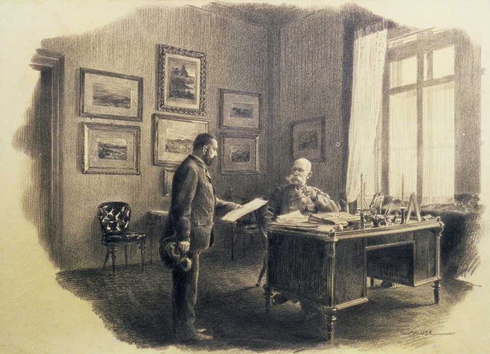 Emperor Franz Joseph I of Austria at his writing desk at Jagdrock