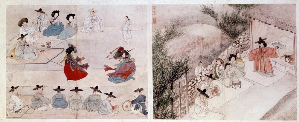 Women's Combat Scene, Scene of Daily Life. Prints by Sin Yun Bok (or ...