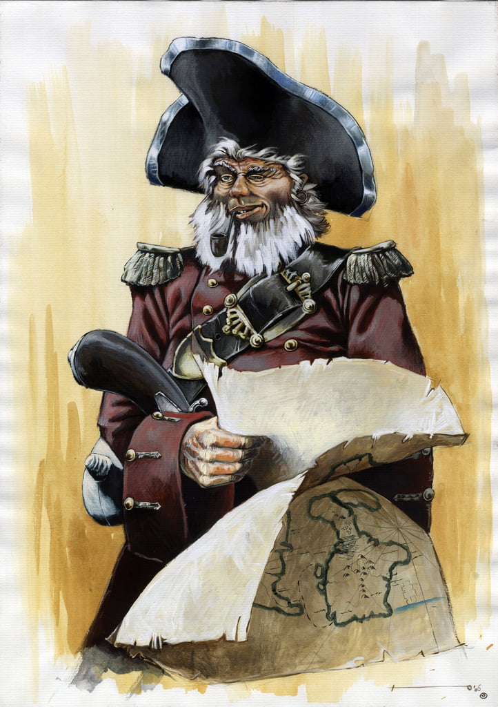 Portrait of a pirate (privateer) or sailor wearing a tricorn with a map ...