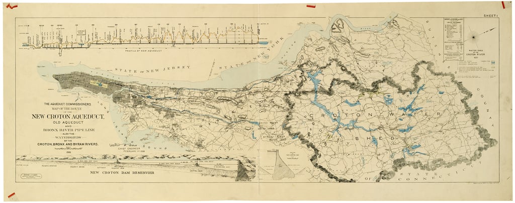 Map of the new Croton Aqueduct, old aqueduct and Bronx River pipeline ...