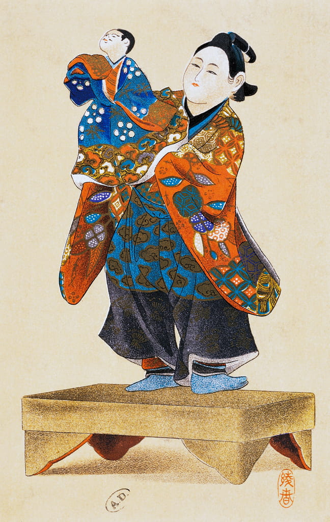 Puppeteer with puppet, puppet theater, ukiyo-e art print, reproduction ...