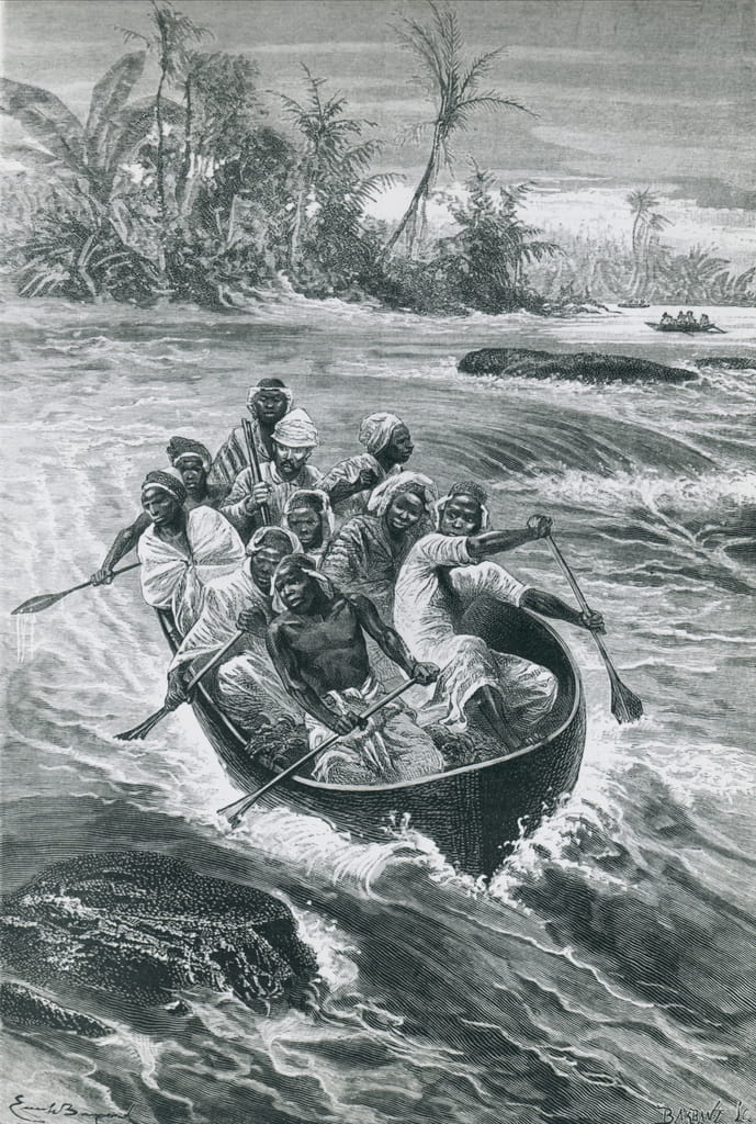 Stanley overcomes the rapids on the Congo River, drawing by Emile Bayard