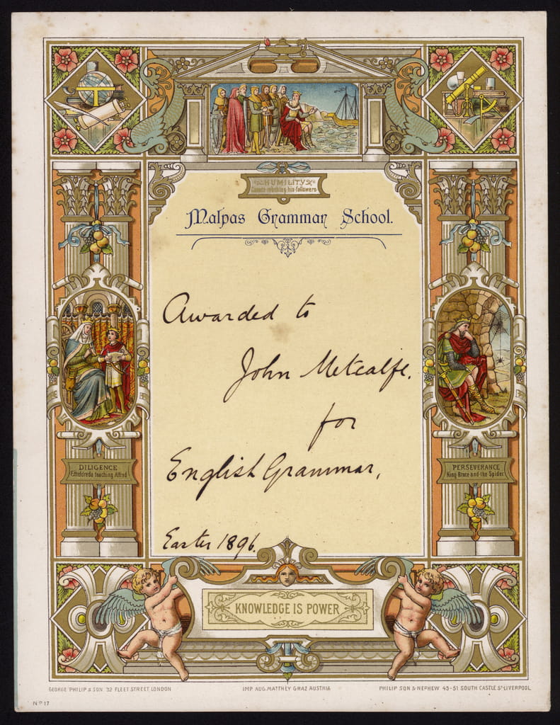 Certificate for English grammar awarded to a pupil of Malpas Grammar ...