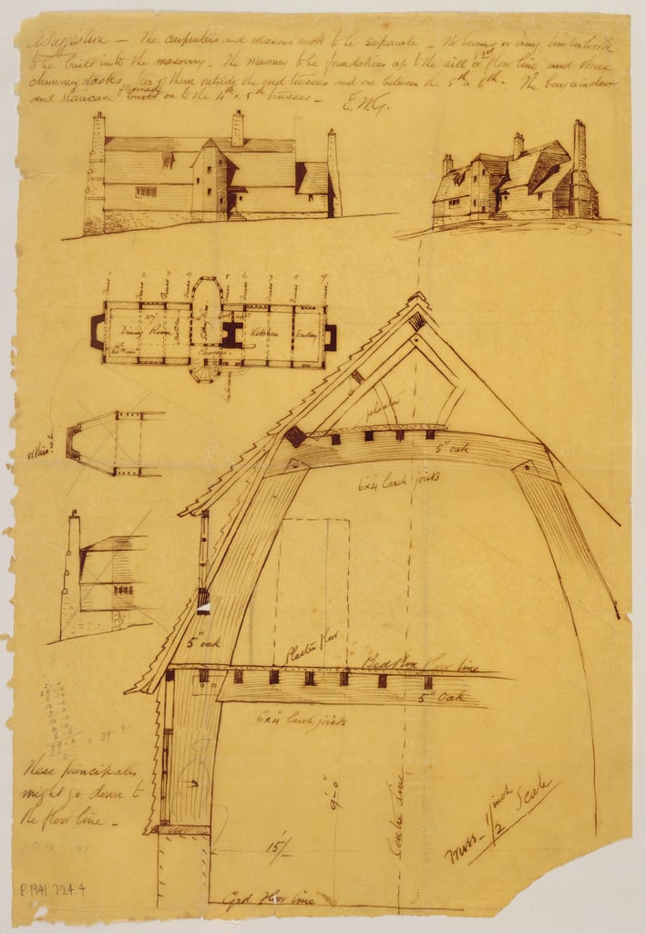 View, plan and detail of house (ink & pencil on paper)