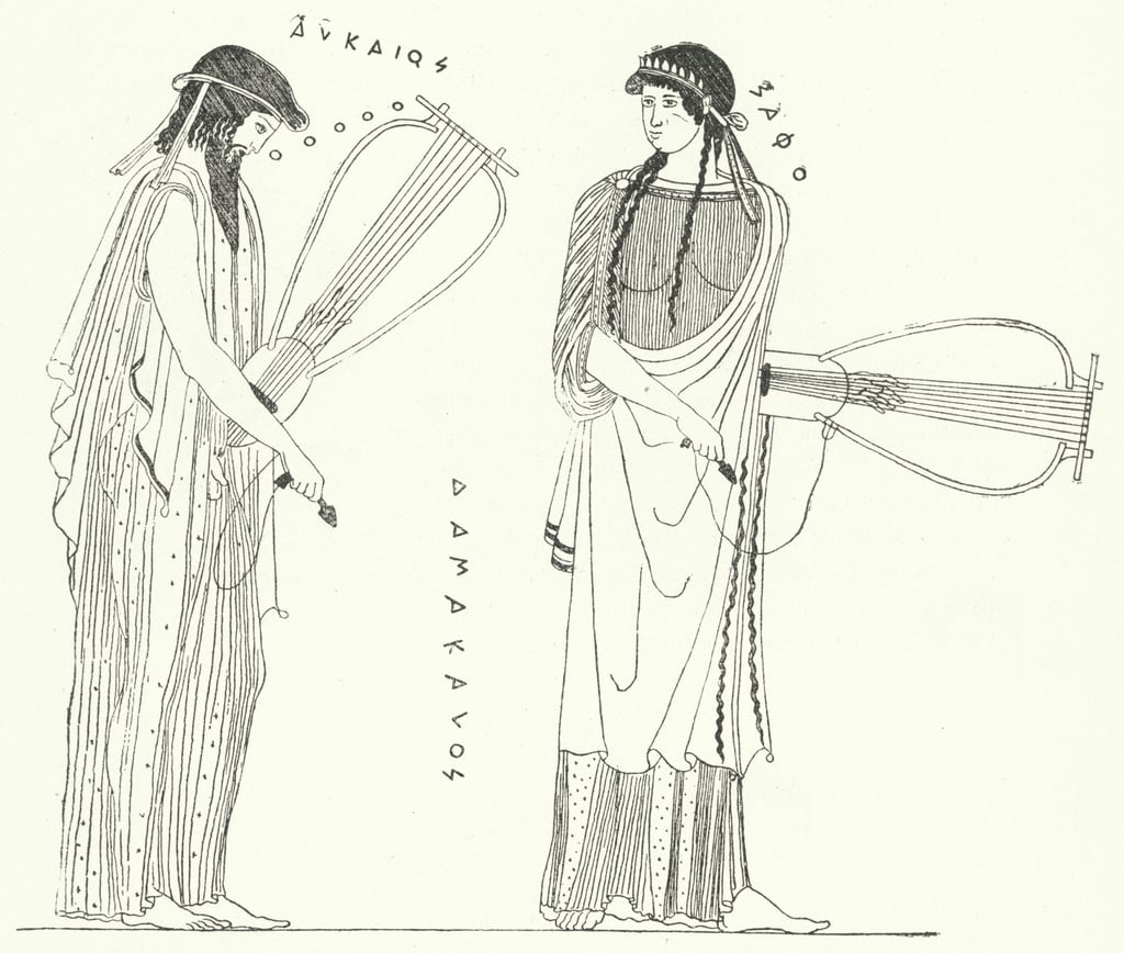 The Ancient Greek poet Alcaeus and his lover Sappho (engraving)