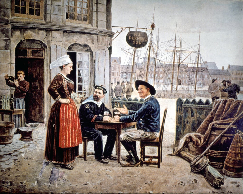 2 men (a sailor and a Breton fisherman) in a bar chatting with a Breton ...