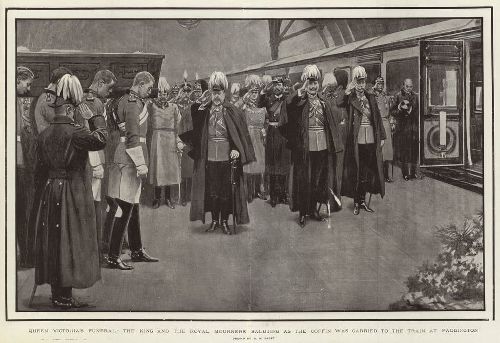 Queen Victorias Funeral, the King and the Royal Mourners saluting as ...