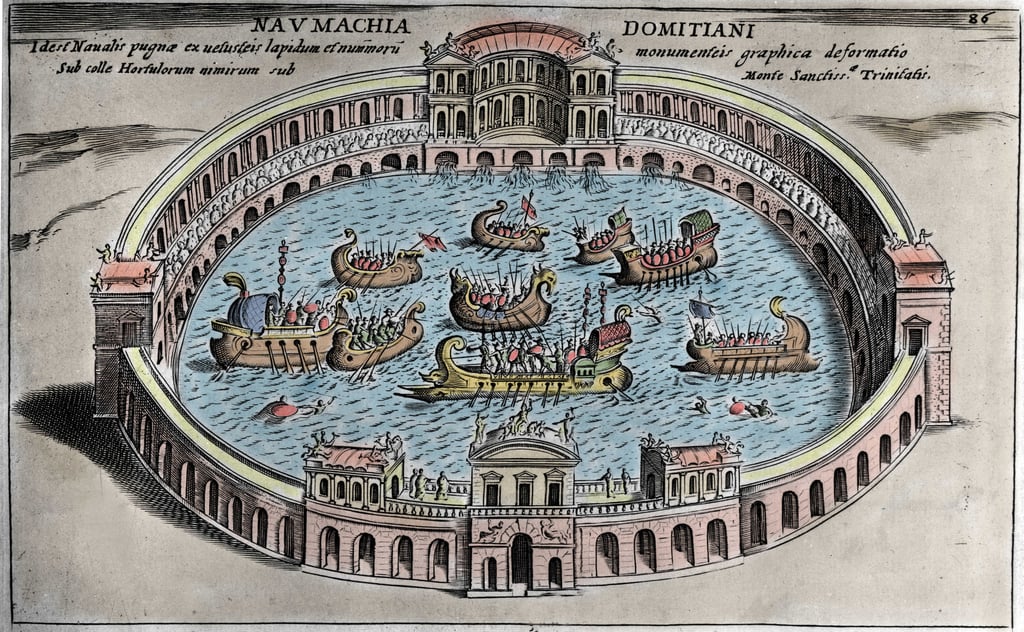 Naumachia, naval combat in an amphitheatre in Rome.