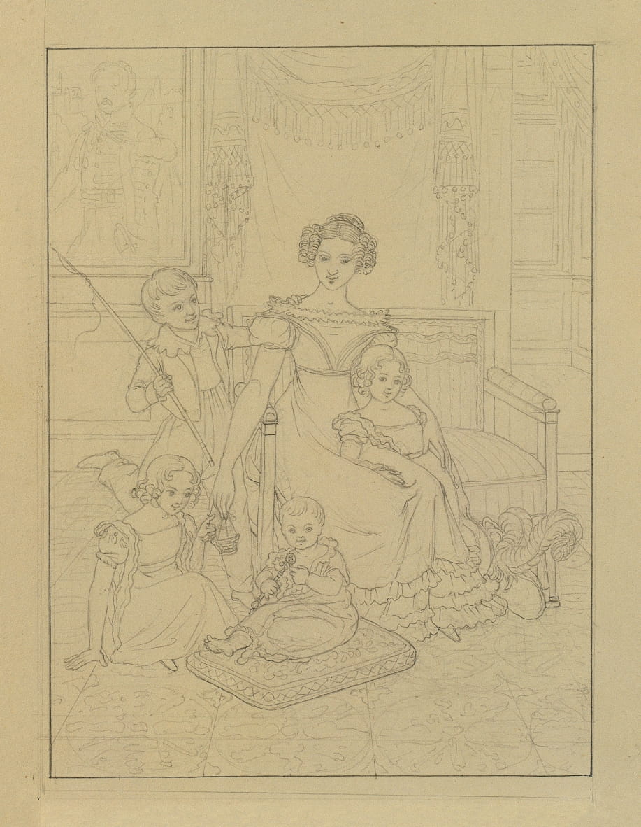 Contour drawing of a mother with four children