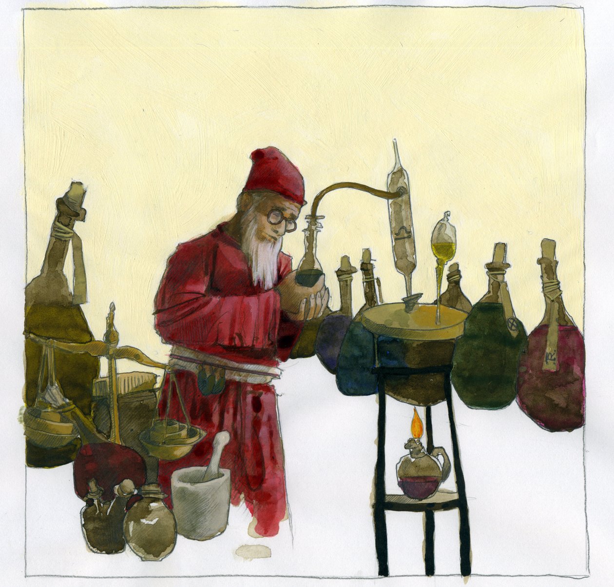 Alchemist in His Laboratory Surrounded by Vials and Stills