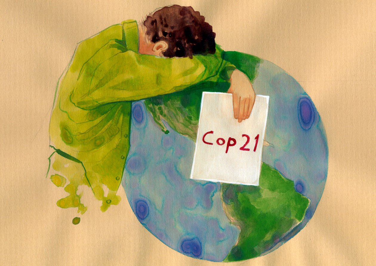 Future of the Earth, a crying man holding the COP 21 sign