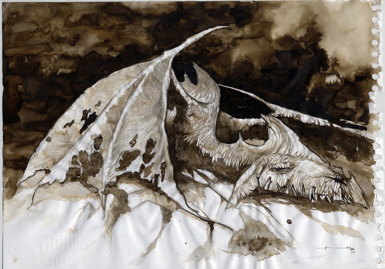 Illustration of a fantastic and legendary animal: dead dragon carcass