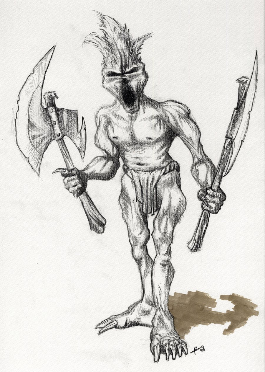 Legendary monster for Fantasy Illustration: troll warrior with axes
