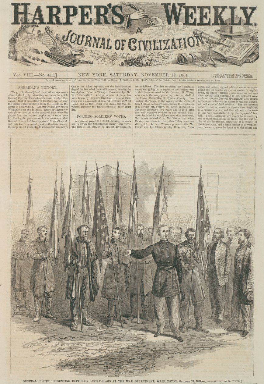 General Custer presenting captured battle flags at the War Department ...