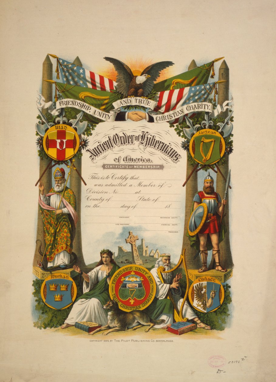 Certificate of membership in Ancient Order of Hibernians of America, c.1894