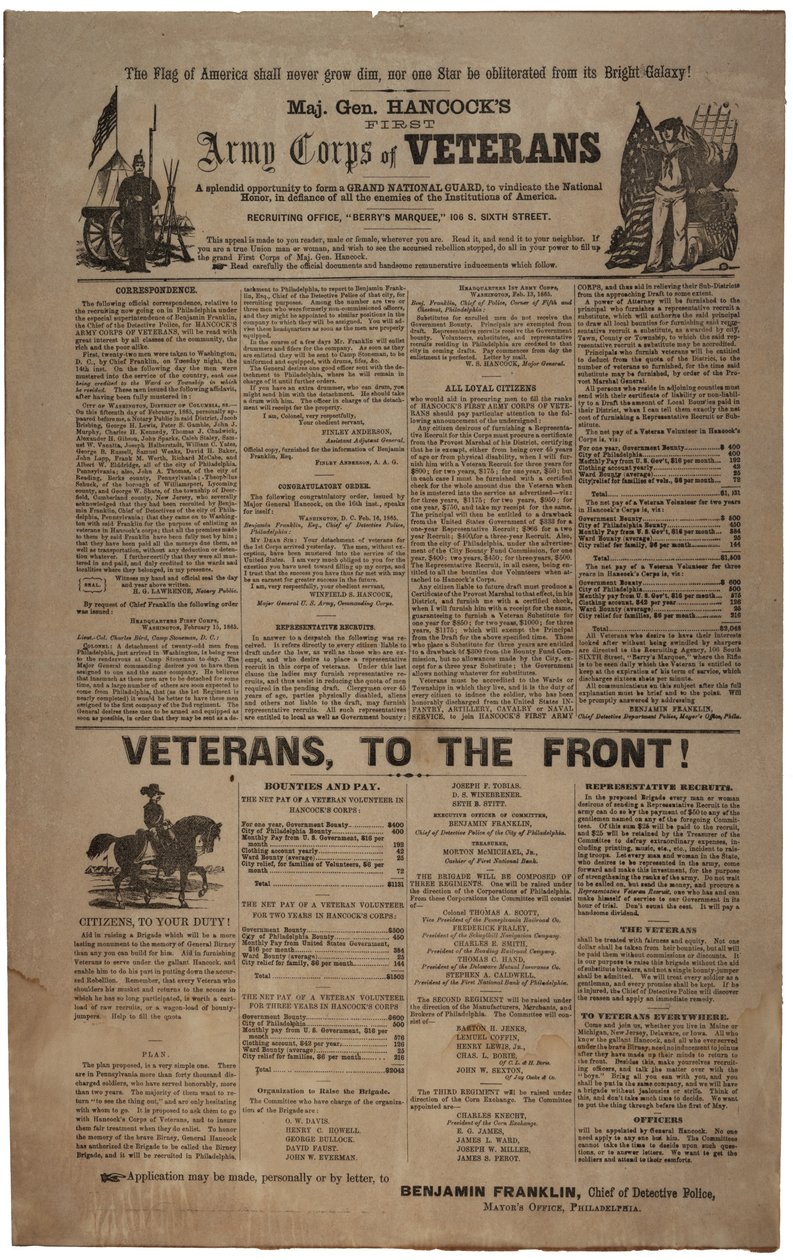 Illustrated Philadelphia recruiting poster for Major General Hancock's ...