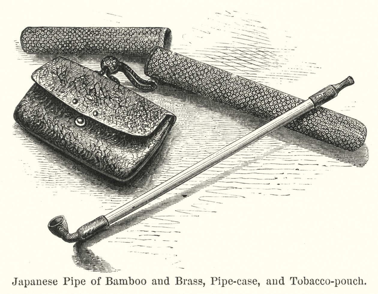Japanese Pipe of Bamboo and Brass, Pipe-case, and Tobacco-pouch