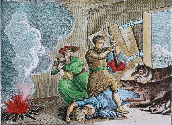 Ravenous wolves invade a pioneer's cabin (coloured engraving)