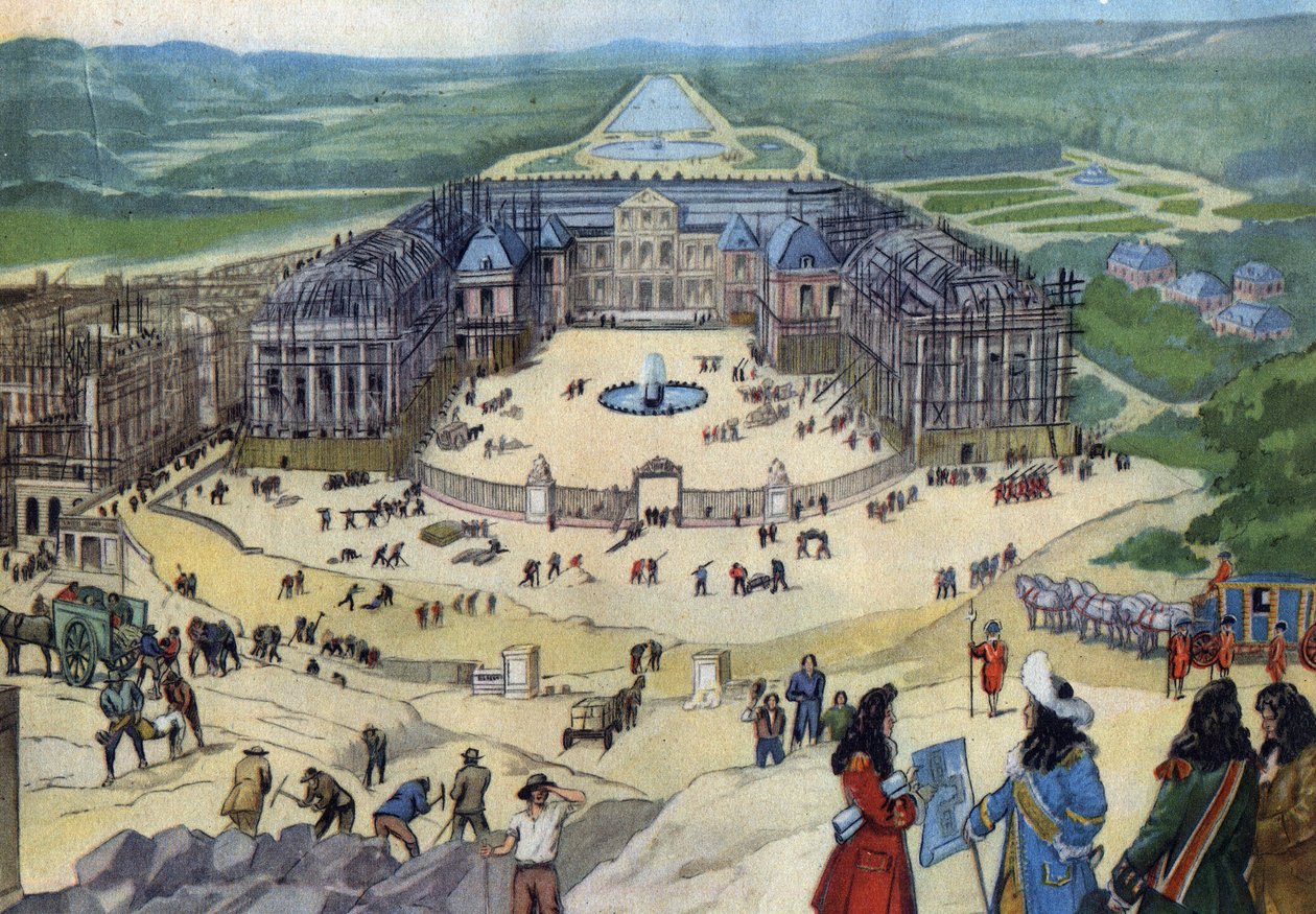 Construction of the castle of Versailles in 1678 following the plans of ...