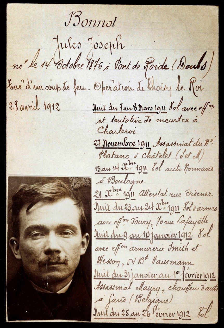 Police Sheet of Criminal Jules Bonnot (1876-1912)
