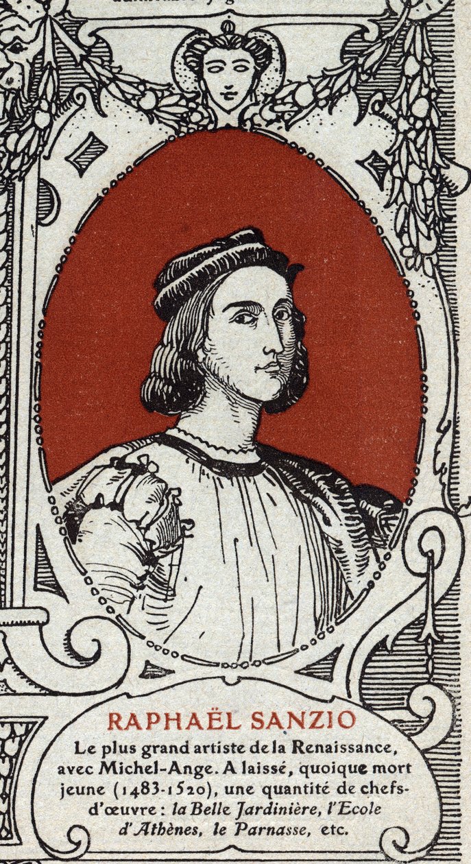 Portrait of the Italian Renaissance painter Raphael. Engraving from 1914.