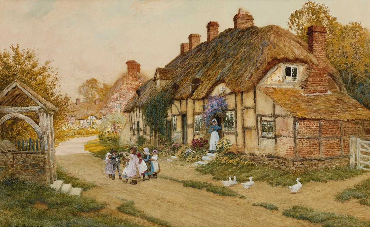 Children Playing Outside a Cottage in a Village