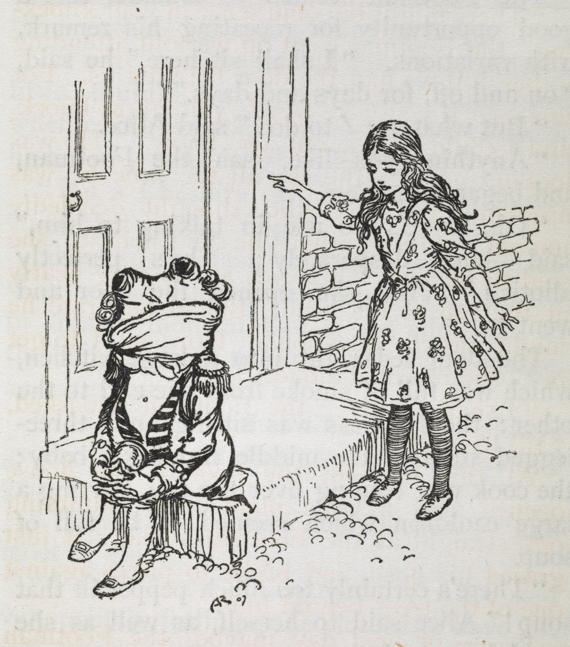 Alice and a frog dressed as a footman by Arthur Rackham