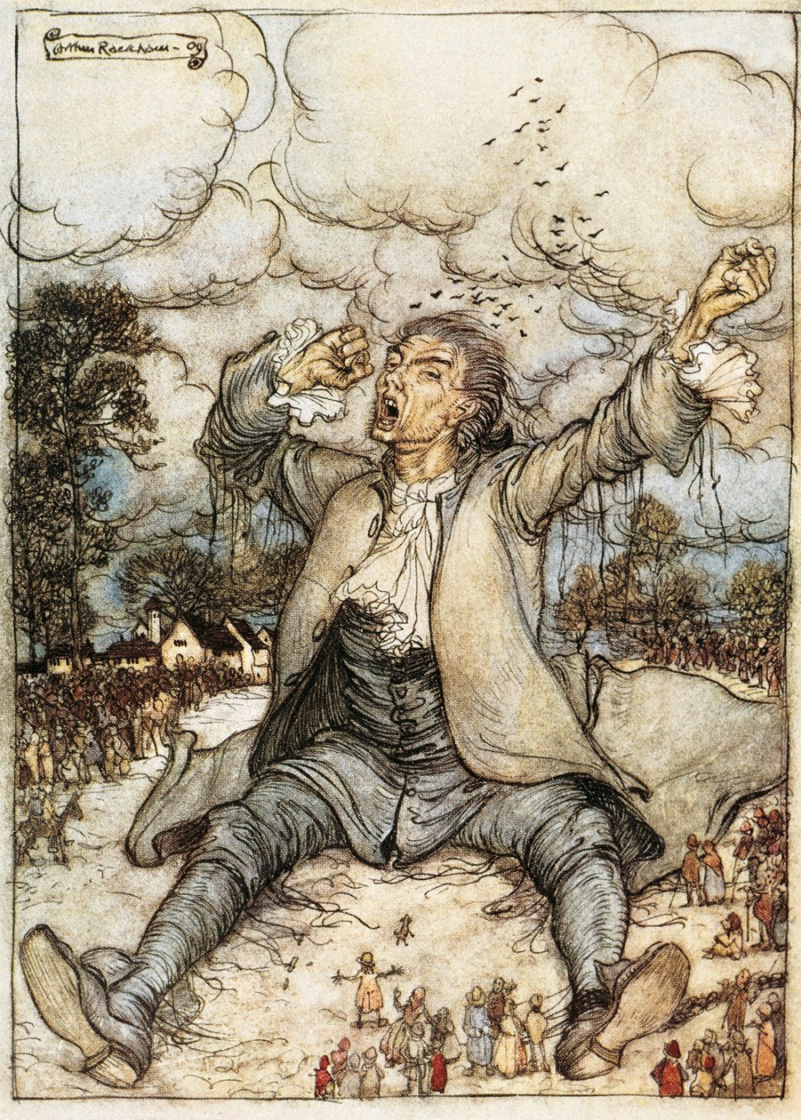 Gulliver awaking in Lilliput, Illustration from Gulliver's Travels by ...