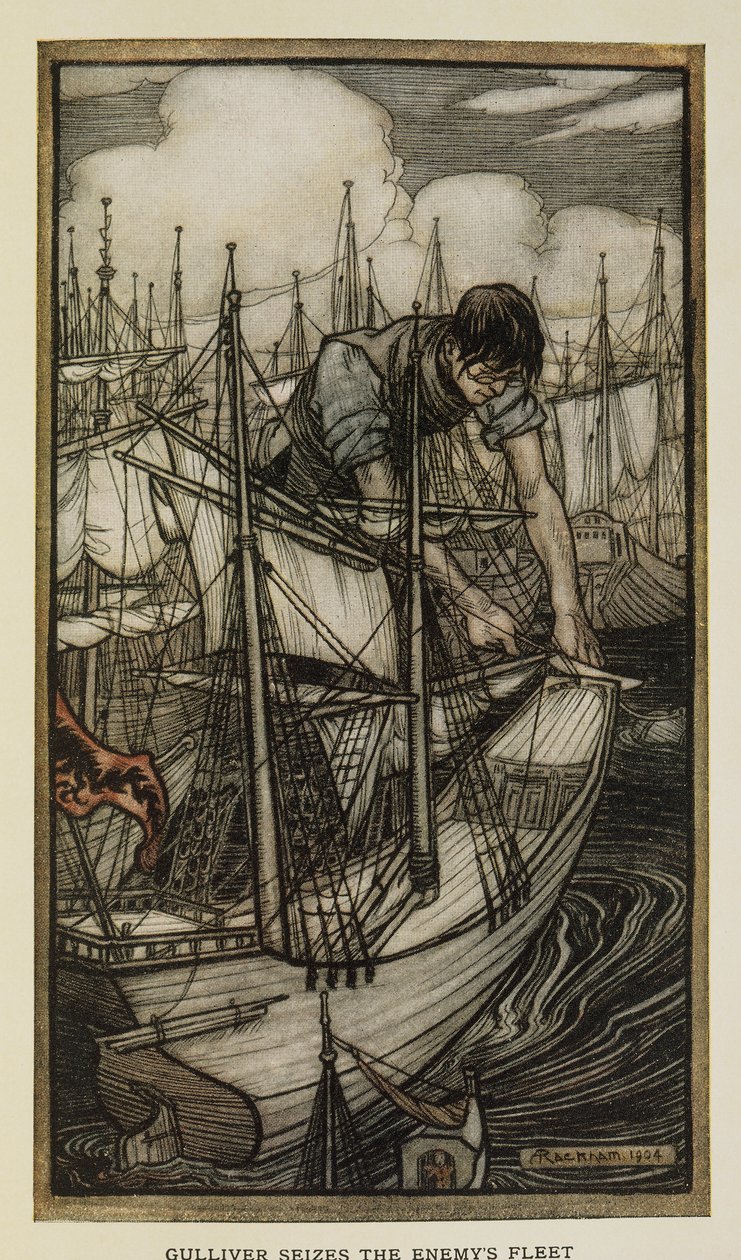 Gulliver Captures Enemy Fleet, Illustration from Gulliver's Travels by Jonathan Swift, by Arthur ...