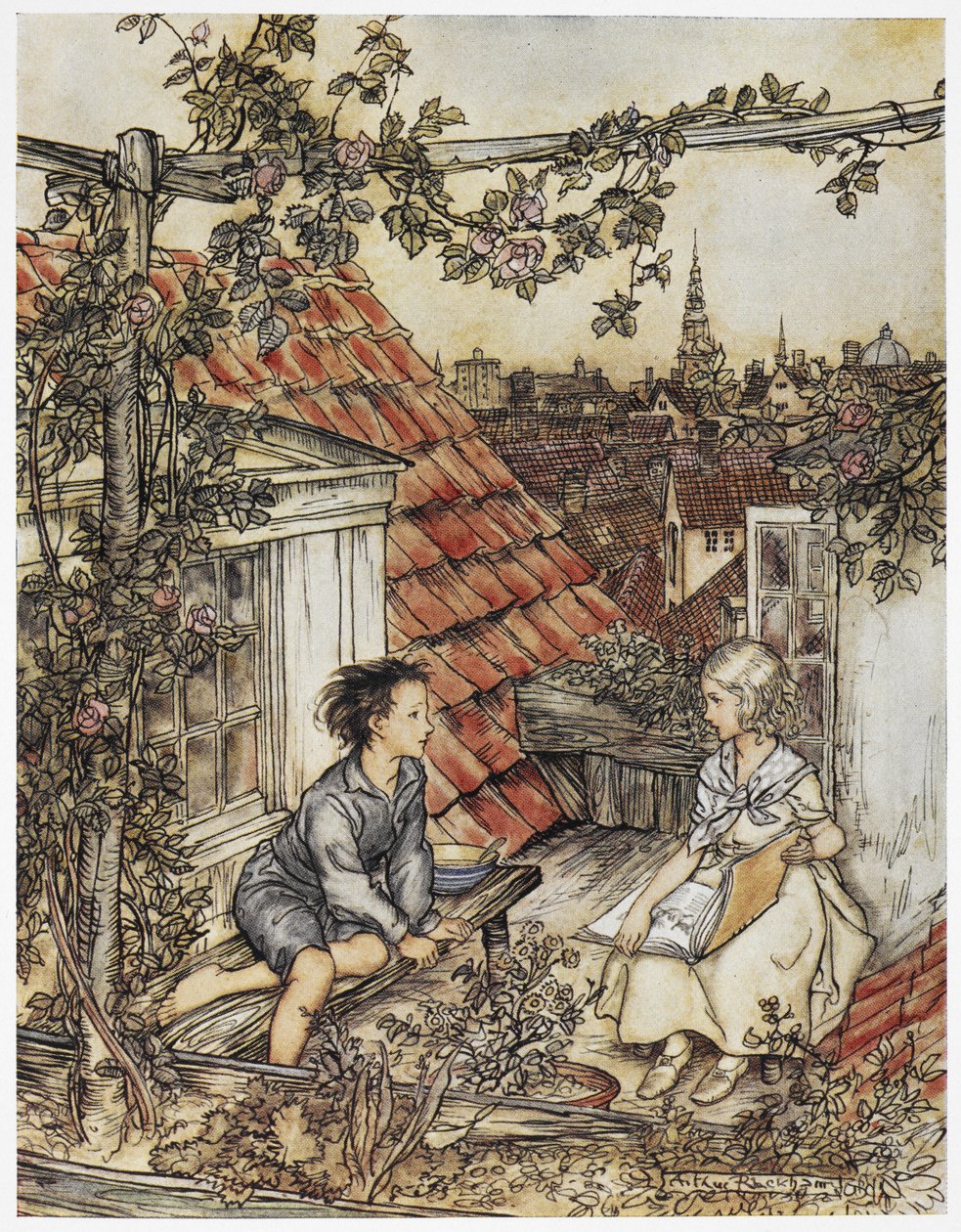Kay and Gerda in their garden high up on the roof. Two children sitting ...