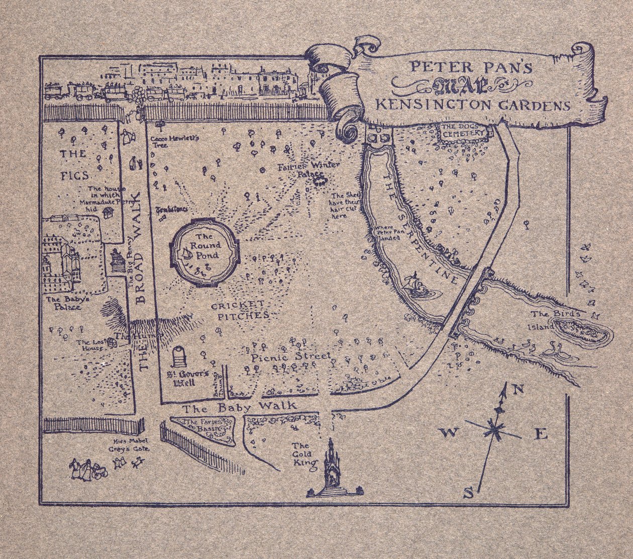 Peter Pan's Map of Kensington Gardens, from Peter Pan in Kensington ...