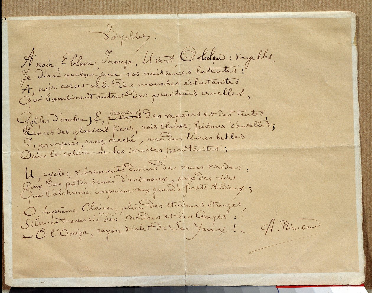 Manuscript of Arthur Rimbaud's poem: The Vowels