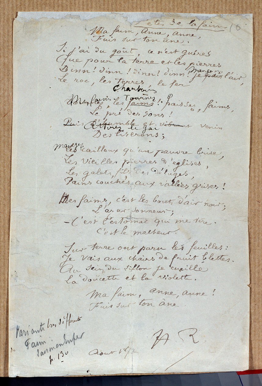 Manuscript of the poem 'Les fetes de la faim' by Arthur Rimbaud, August ...