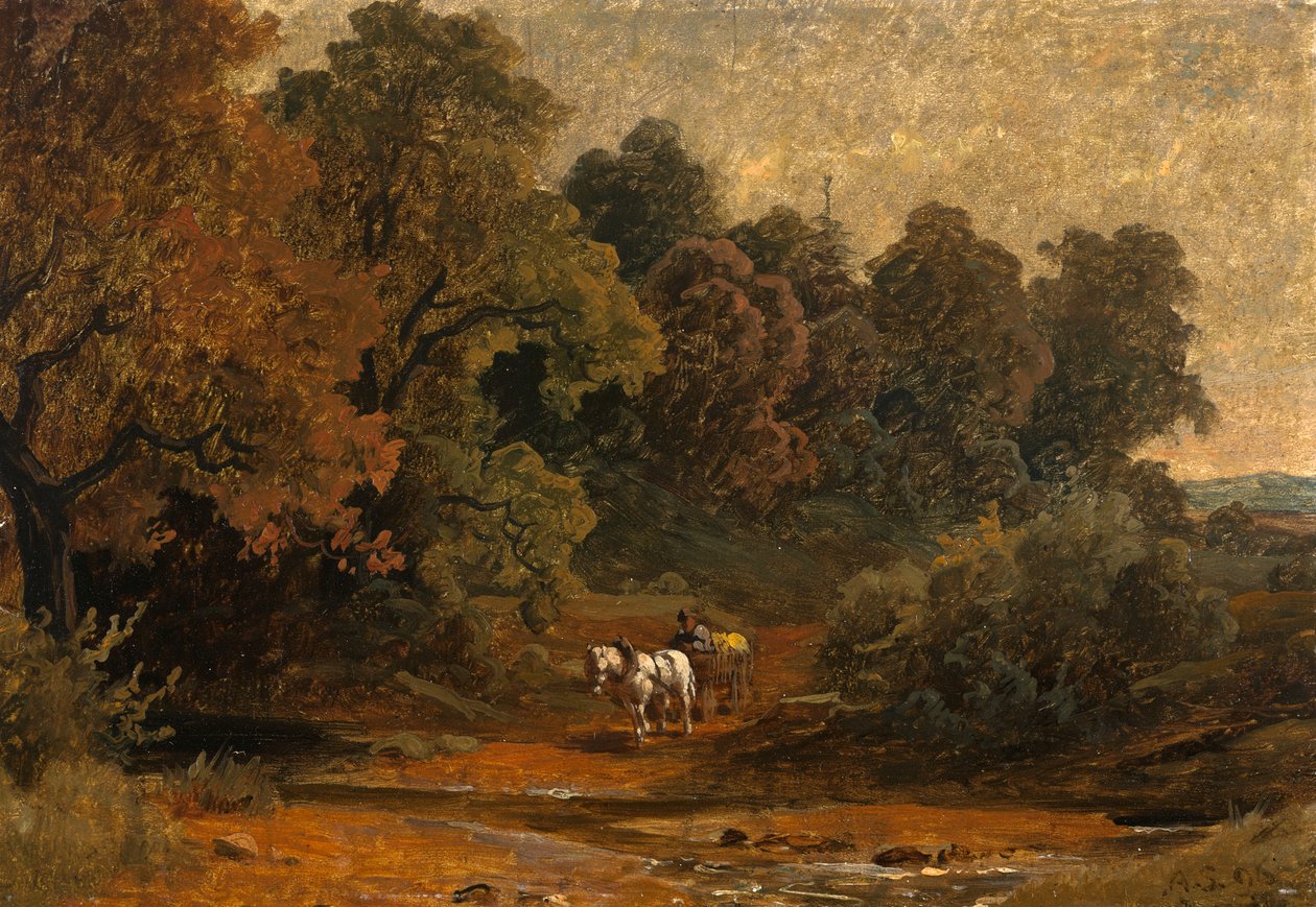Autumn Landscape with Horse-Drawn Wagon by August Seidel