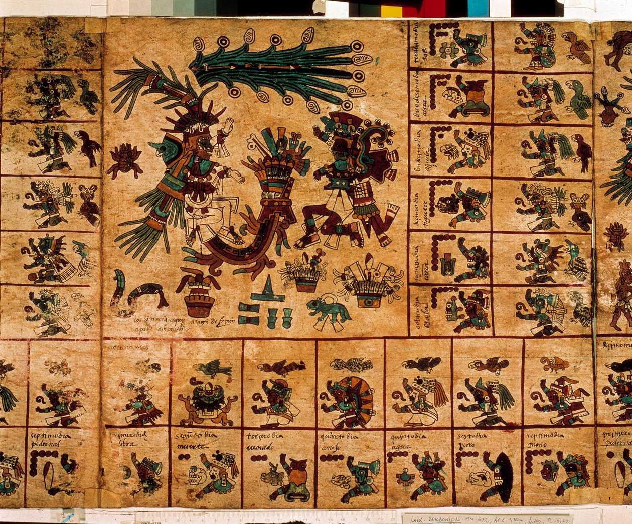 Representation of Aztec deities and boxes corresponding to the calendar. Page of the Aztec ...