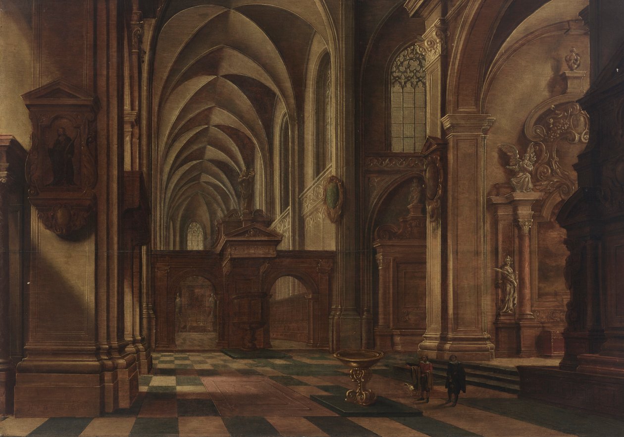 A Catholic Church Interior with Figures and a Dog by a Font in the ...
