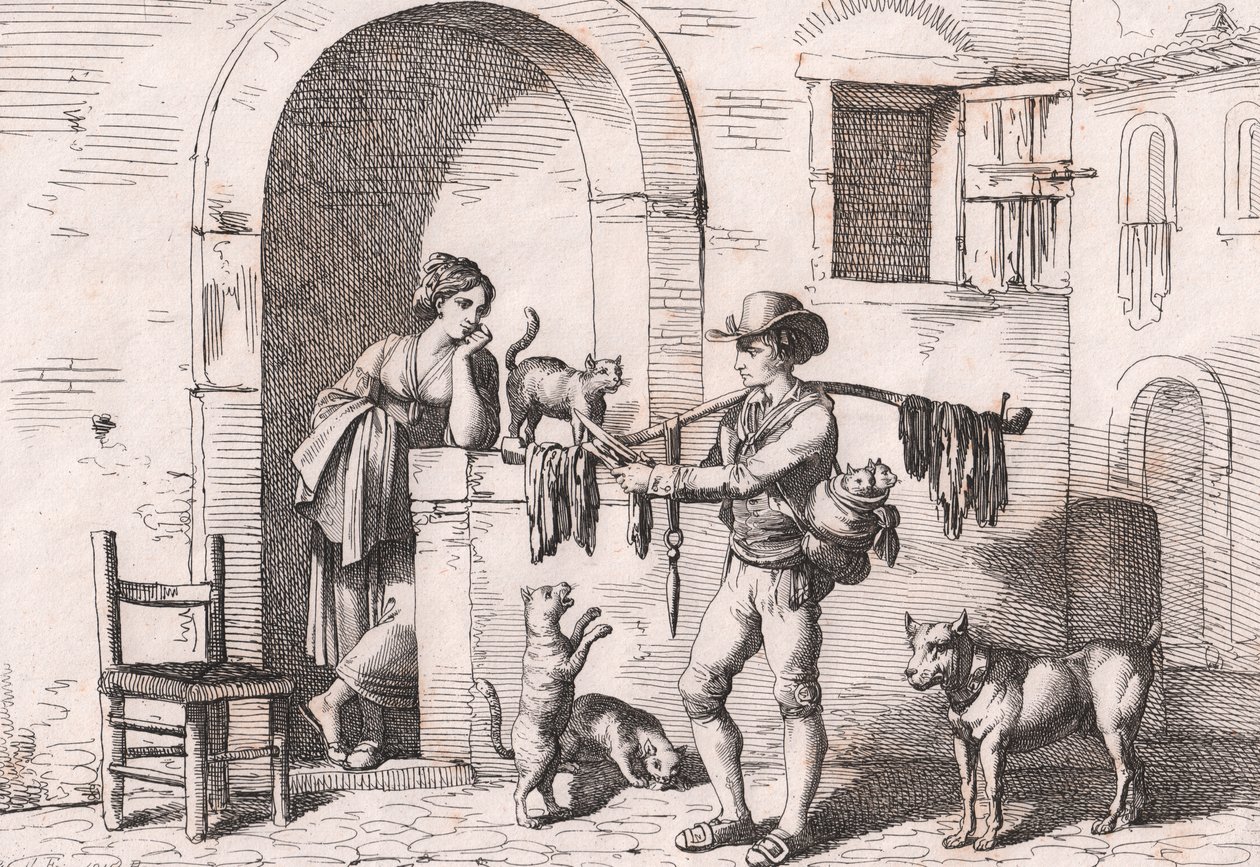 The Carnacciaro, Street Vendor of Cat Meat, Etching by Bartolomeo Pinelli