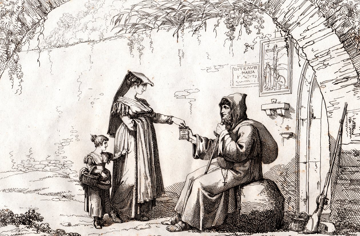 Woman from Frascati and a Hermit, Etching by Bartolomeo Pinelli