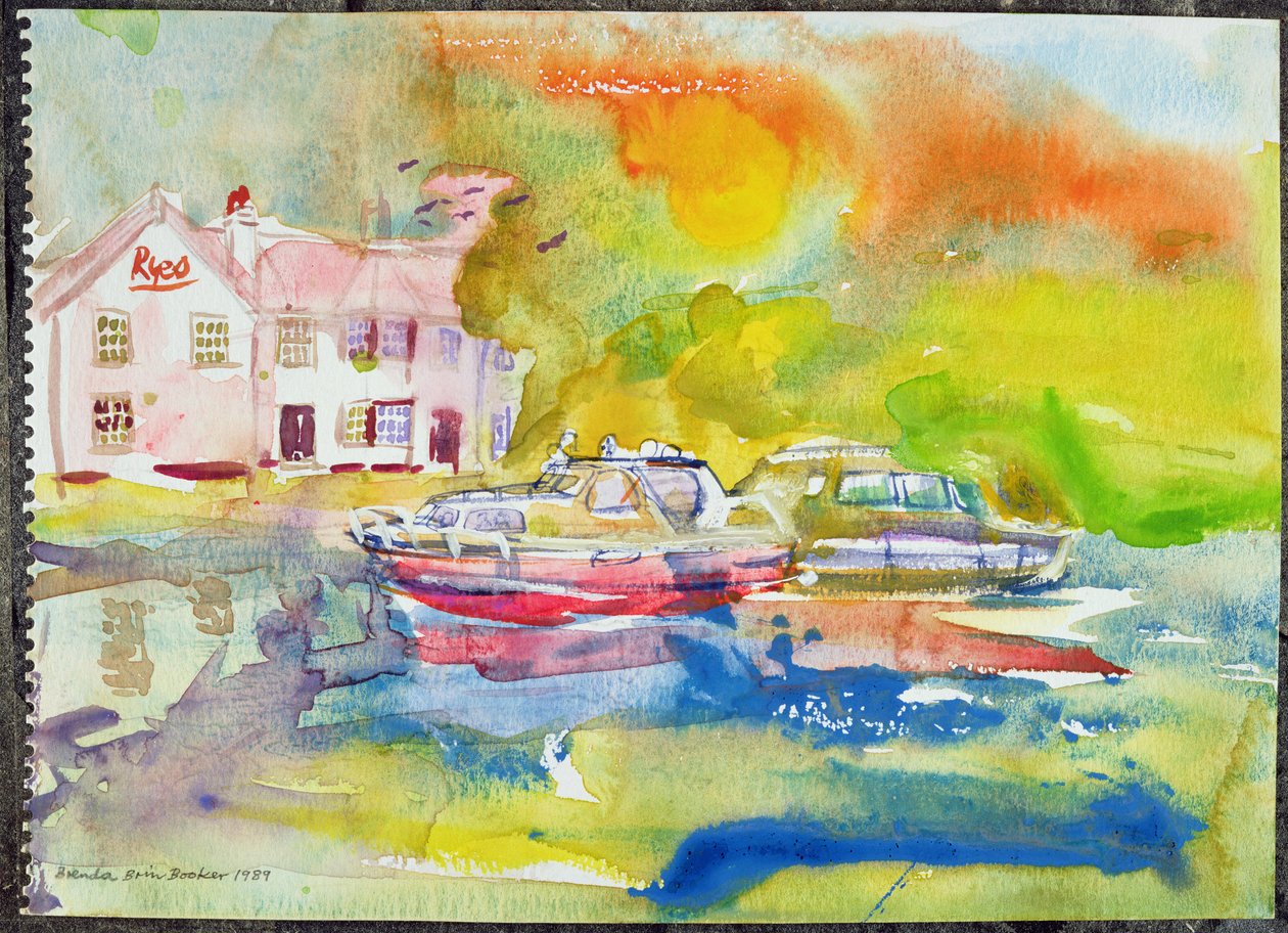 Riverside Pub with boats (wc on paper) by Brenda Brin Booker